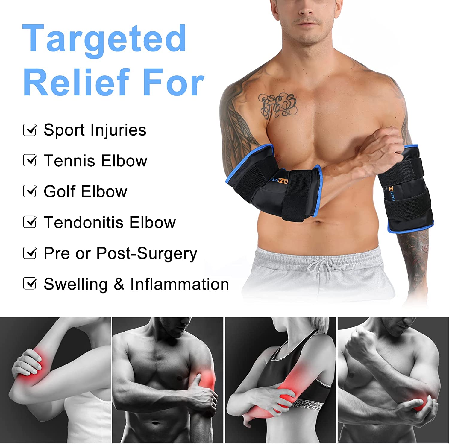SuzziPad Elbow Ice Pack for Injuries with Double-Sided Fabric Cover, W